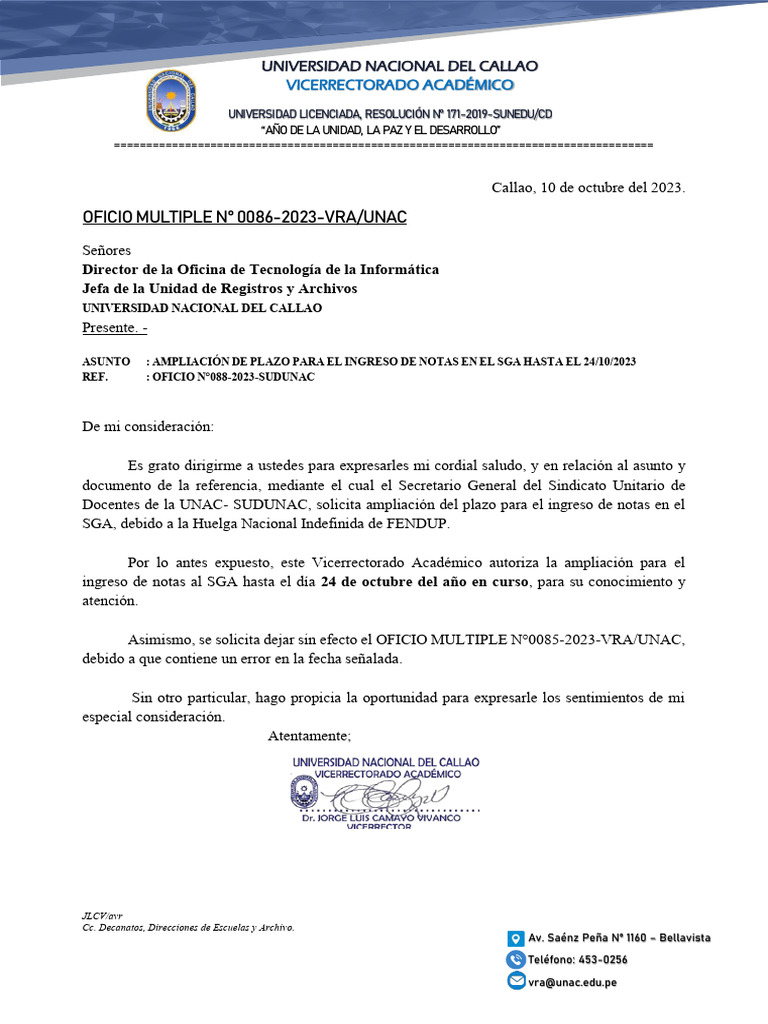 Oficio Multiple #0086-2023-Vra A Ura y Oti-Ampliacion de Plazo para El Ingreso de Notas en El ...
