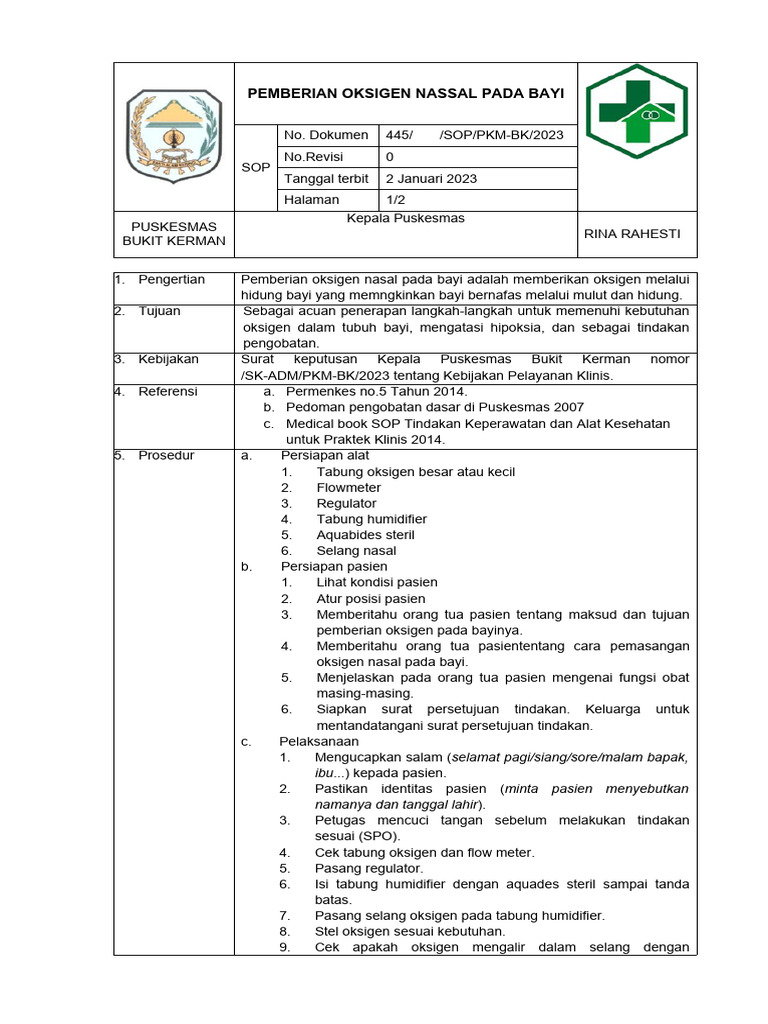 Sop Pemasangan Oksigen | PDF