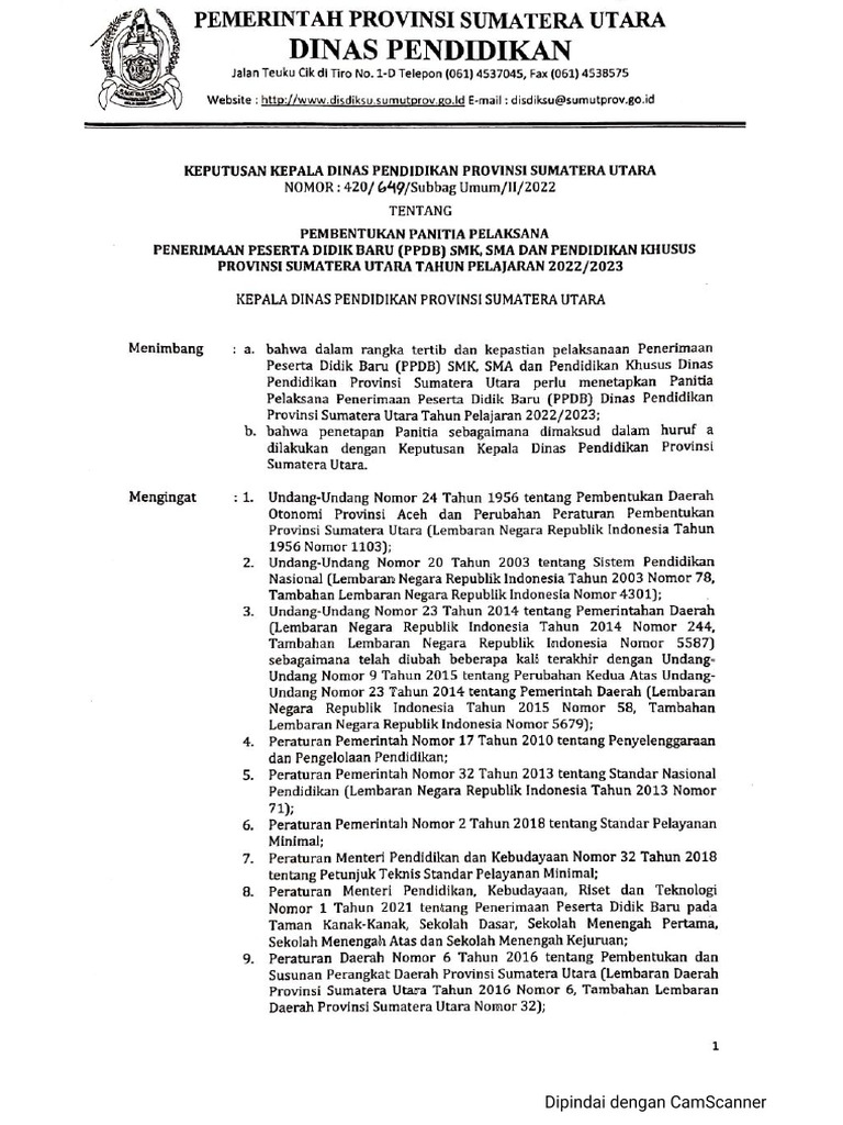 SK Panitia Pelaksana PPDB Tahun 2022 | PDF