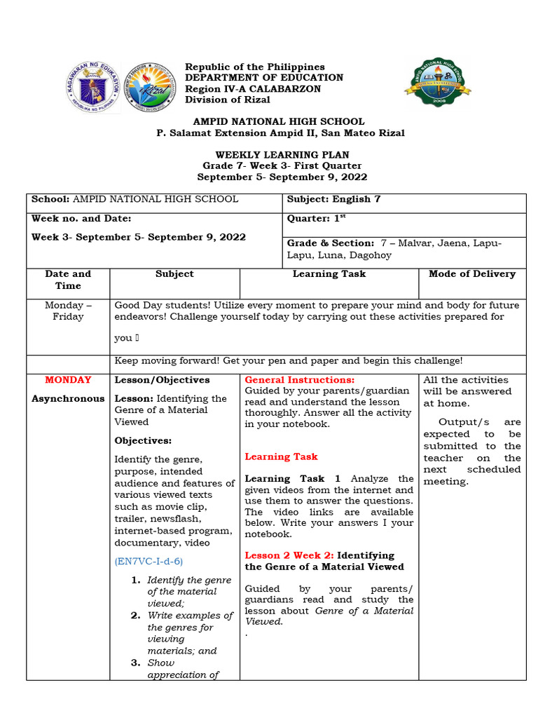 ENGLISH7 WLP Week-3 F2F 1st | PDF
