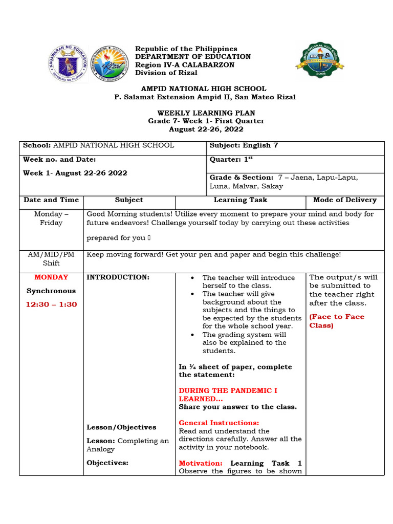 ENGLISH7 WLP Week-1 F2F 1st | PDF