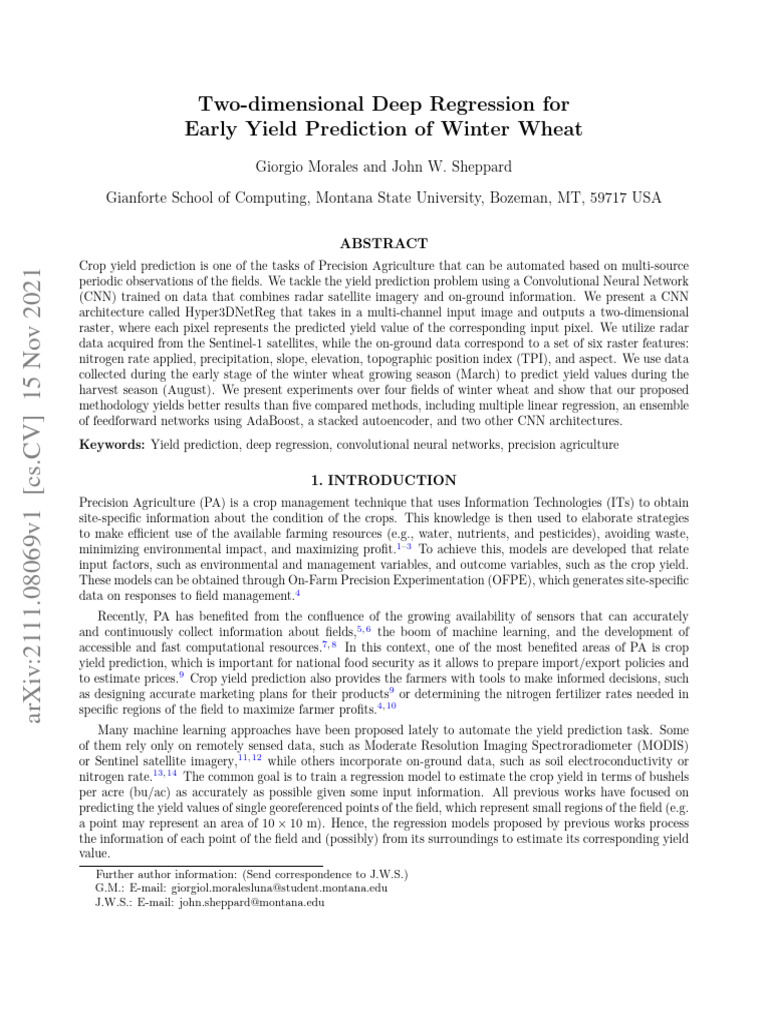 Two-Dimensional Deep Regression For Early Yield Prediction of Winter Wheat | PDF