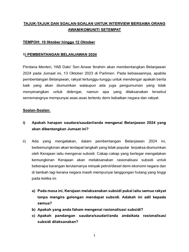 Isu-Isu Dan Soalan-soalan Interview Bersama Orang Awam - 10 Hingga 12 Oktober 2023 | PDF