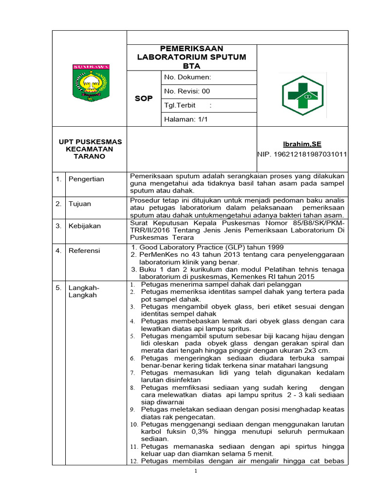 Prosedur Pemeriksaan Sputum BTA | PDF