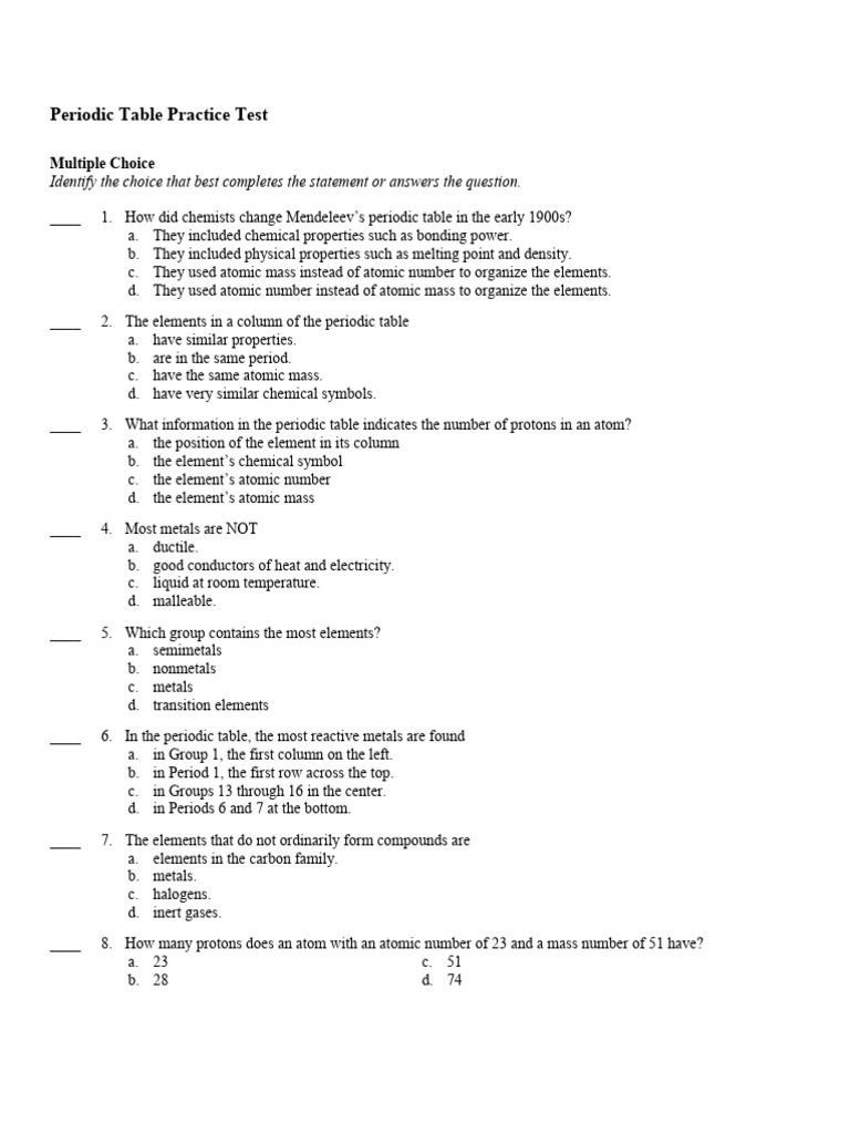 Periodic Table Practice Test | PDF | Atomic Nucleus | Neutron