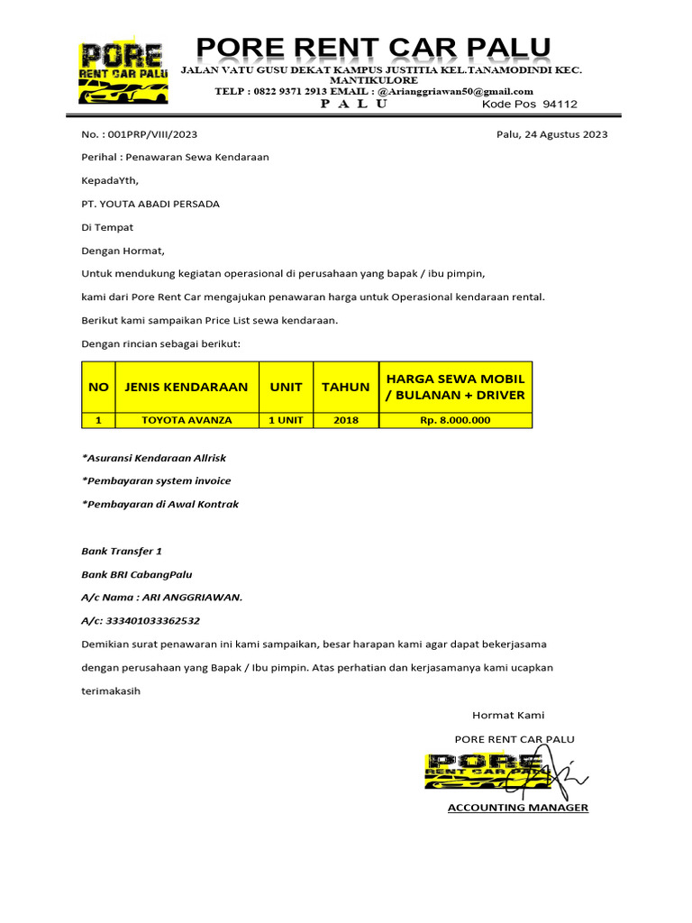 Surat Penawaran Mobil Youta Abadi | PDF
