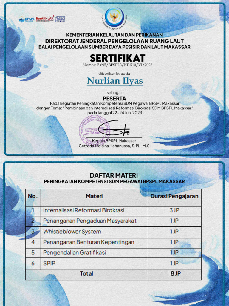 Sertifikat SDM BPSPL Makassar - Compressed | PDF