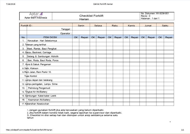 Dokumen Tips Ceklist Forklift Harian Pdf