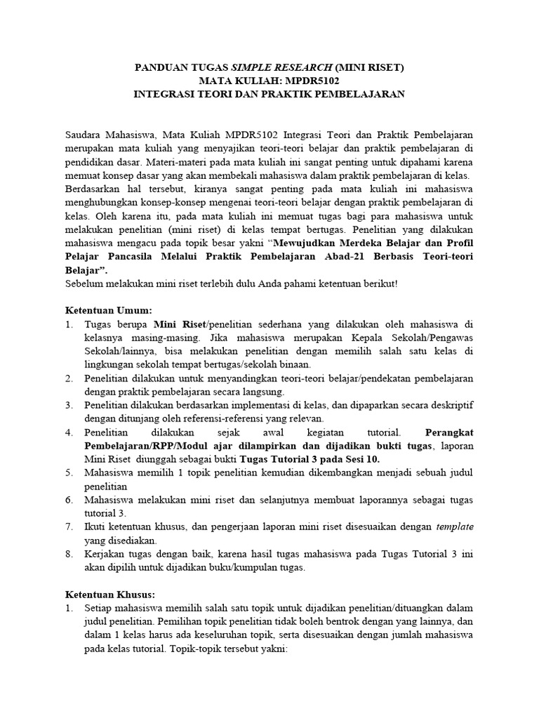 Panduan Laporan Mini Riset (Tugas 3) MPDR5102 Integrasi Teori Dan Praktik Pembelajaran | PDF ...