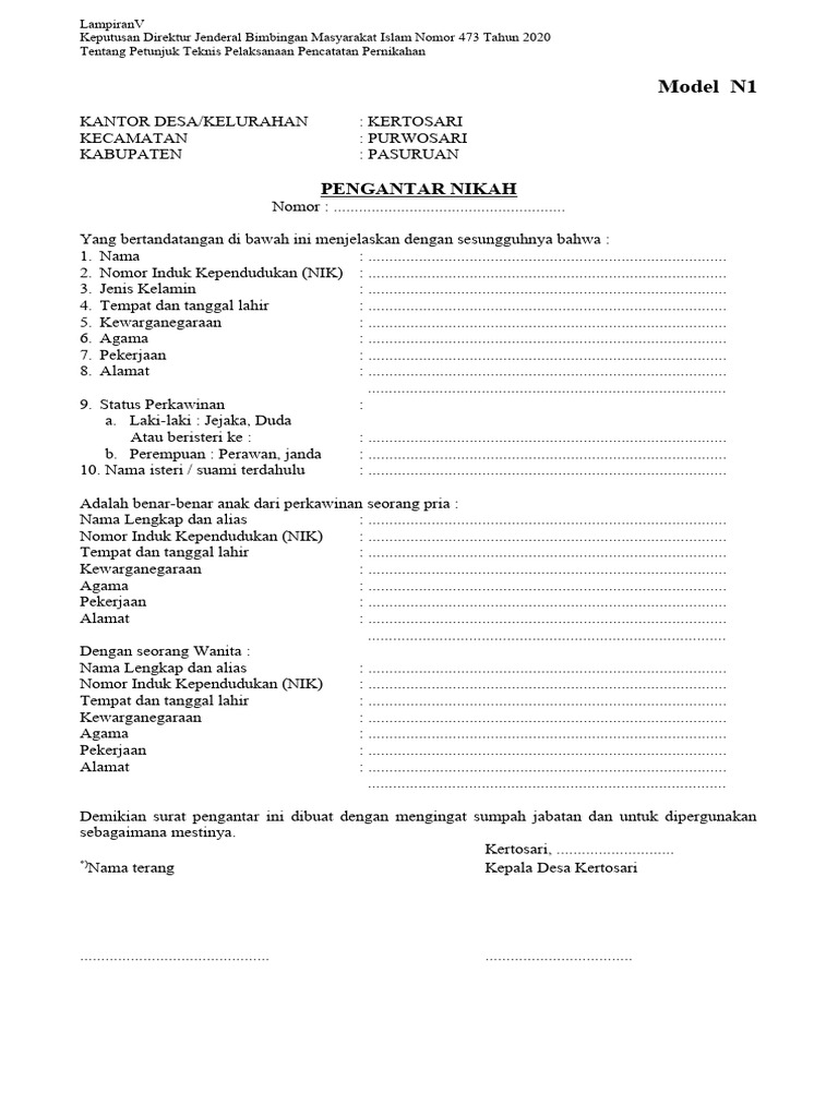 Contoh Berkas Nikah N1 - N6 | PDF