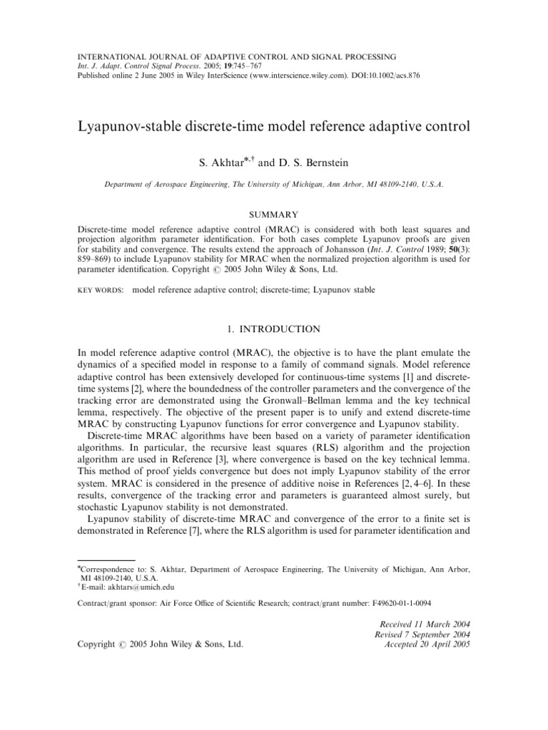 Lyapunov-Stable Discrete-Time Model Reference Adaptive Control | PDF Lyapunov-Stable Discrete-Time Model Reference Adaptive Control | PDF