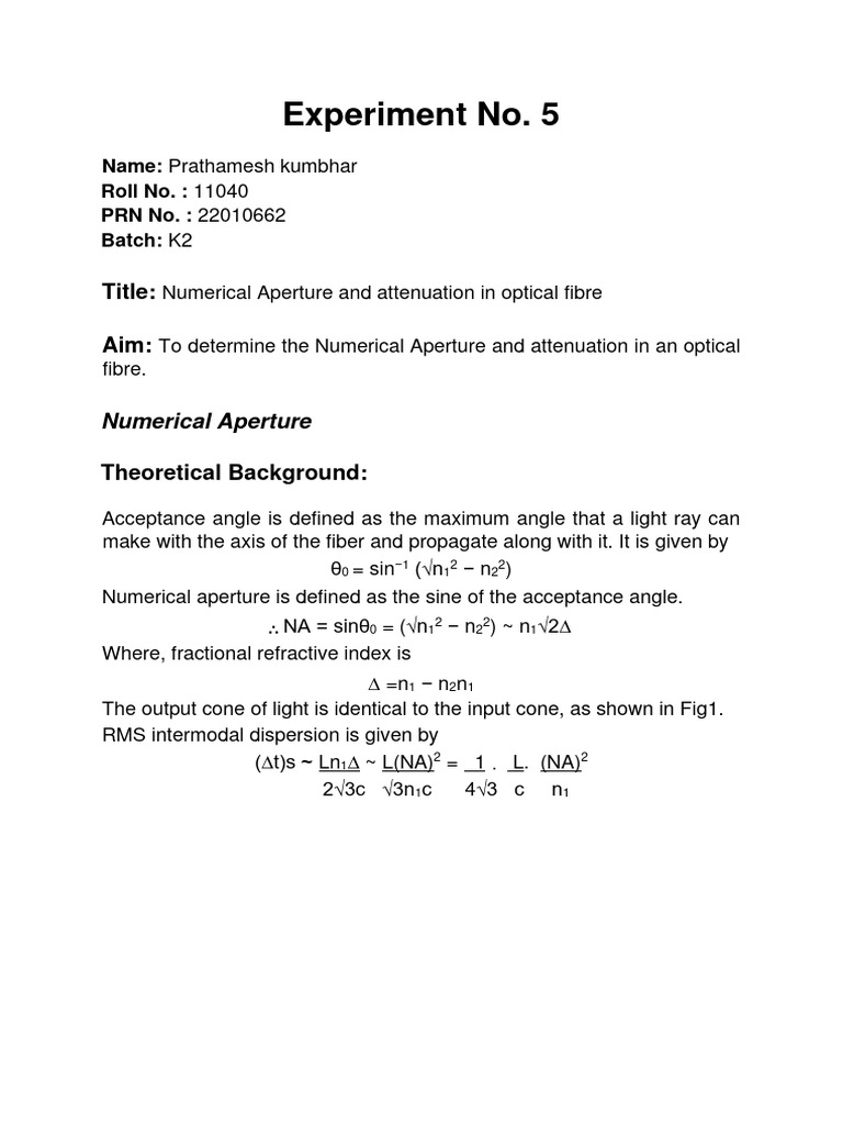 Numerical Aperture in Optical Fibre Experiment | PDF | Optical Fiber ...