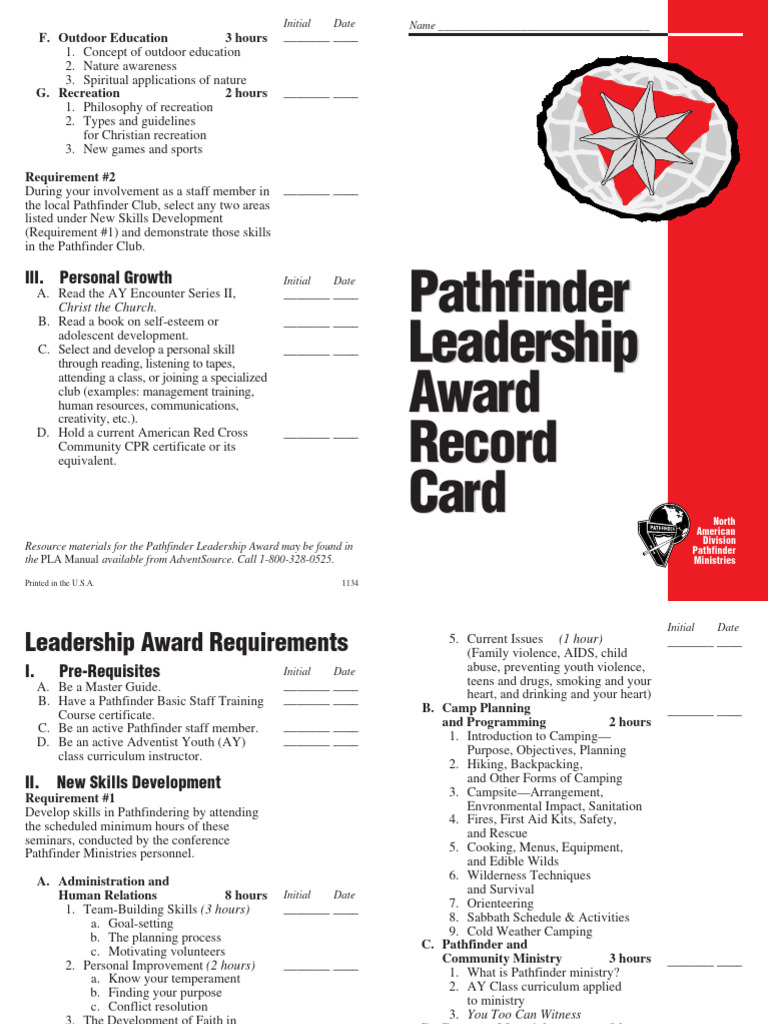 Pathfinder Leadership Award Requirements | PDF | Camping | Adolescence