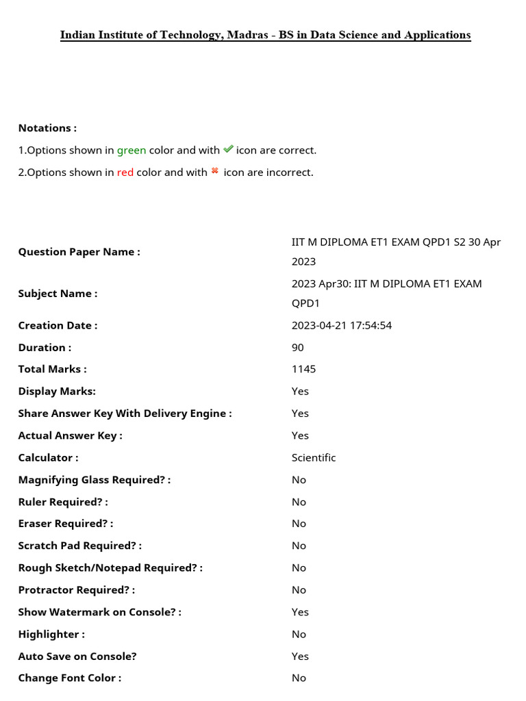 IIT Madras Diploma ET1 Exam Paper | PDF | Multiple Choice ...