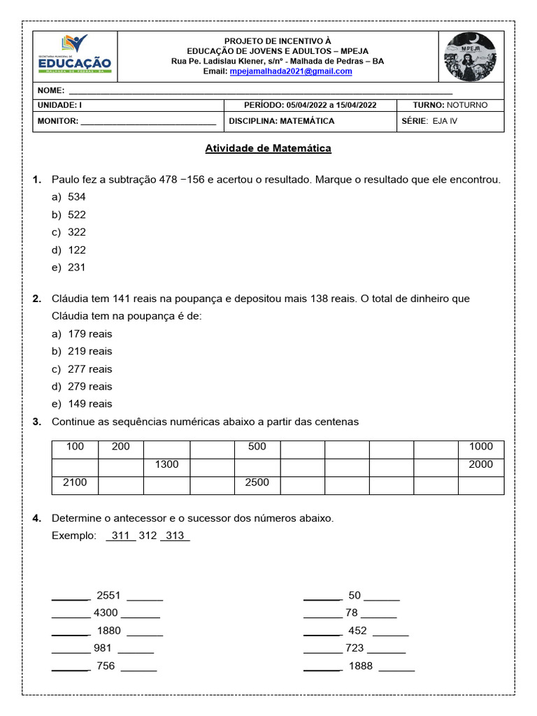 Atividade de Matemática EJA IV | PDF