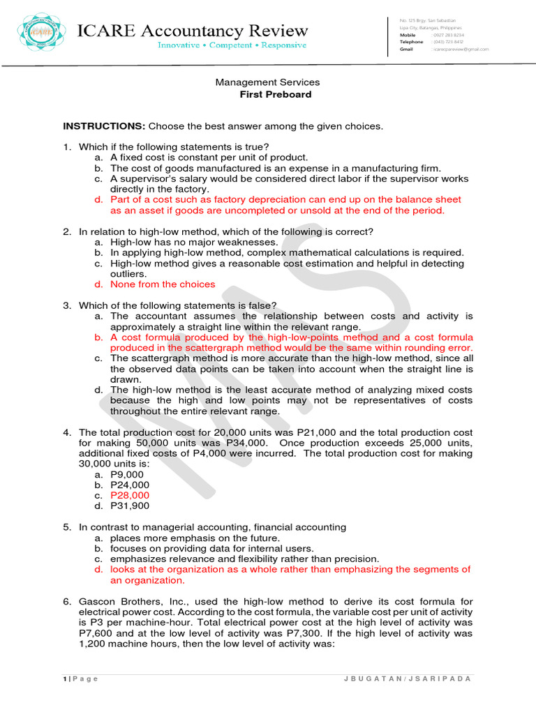 ICare First Preboard Examination-MS | PDF | Cost Of Goods Sold | Cost