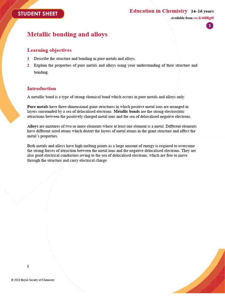 Metallic Bonding and Alloys: Learning Objectives | PDF | Metals ...