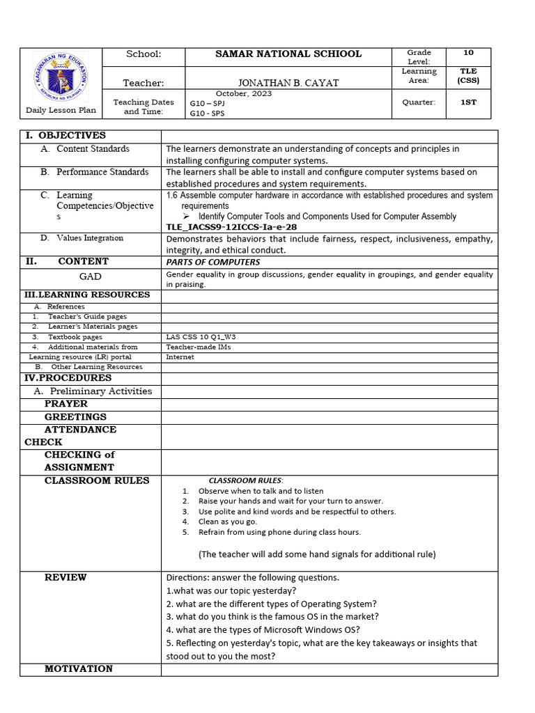 Computer Assembly Lesson Plan | PDF