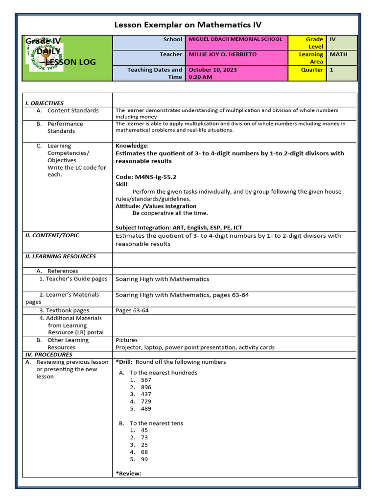 Math 4 Quarter 1 Week 6 Estimating Quotient | PDF | Division ...