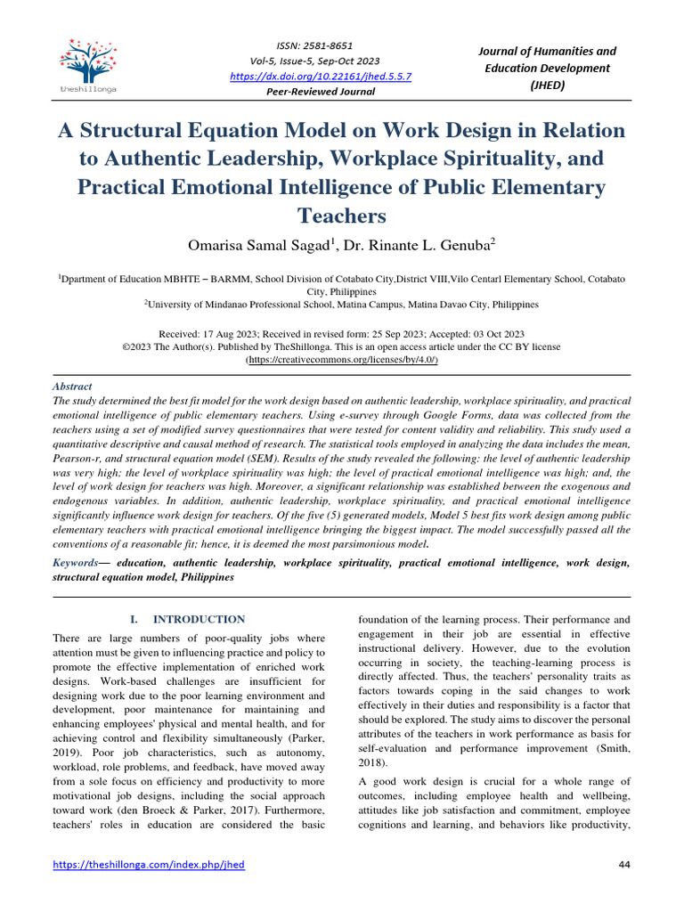 A Structural Equation Model On Work Design in Relation To Authentic Leadership, Workplace ...