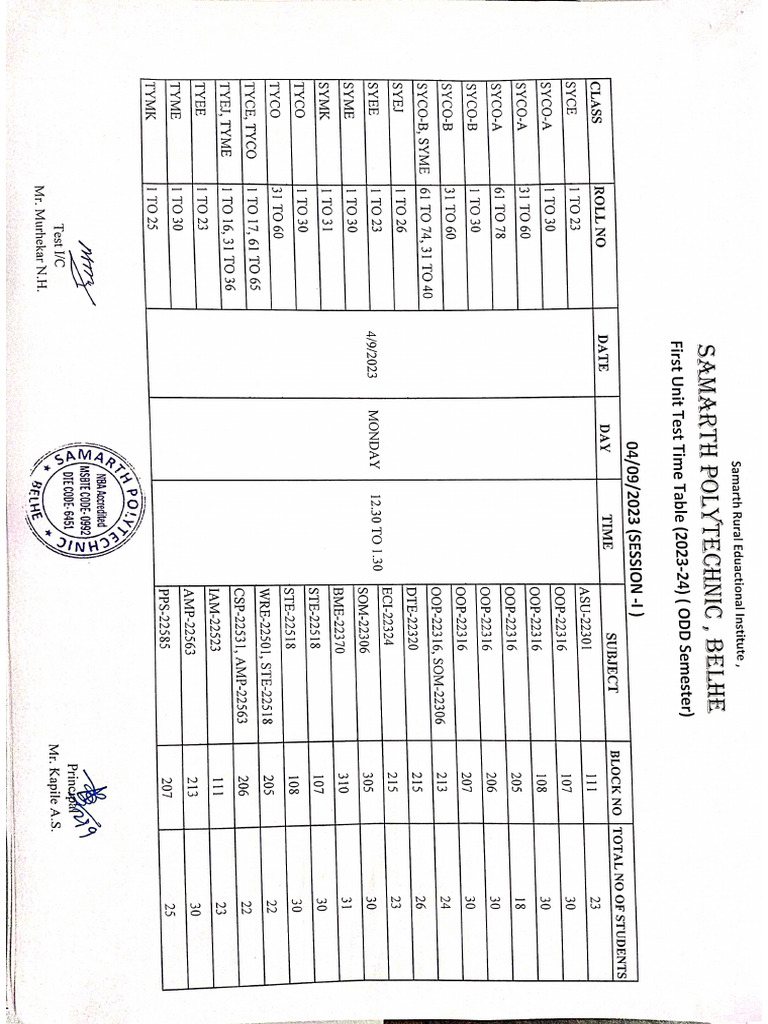 First unit Test Time Table 2023-24 | PDF