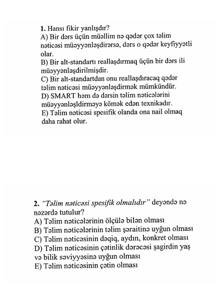 Alt Standartlardan Təlim Nəticələrinin Çıxarılması. M | PDF