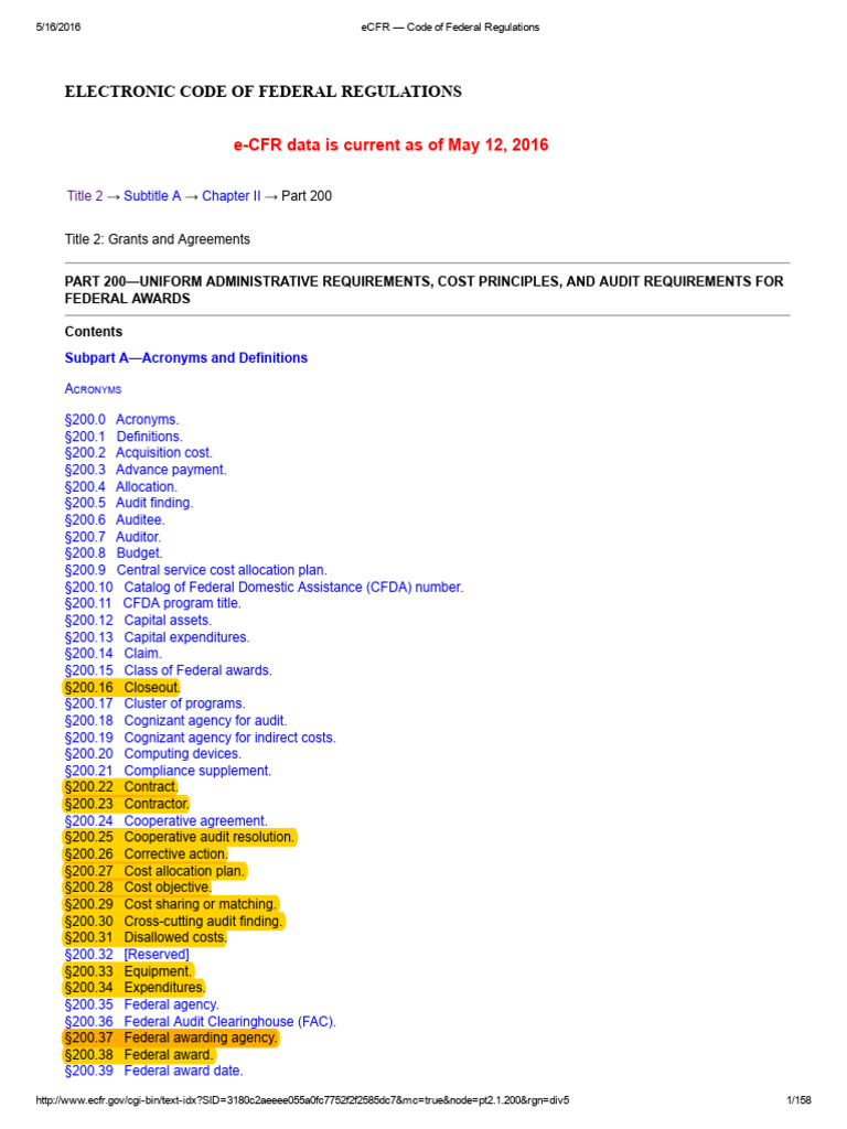 2 CFR 200 Admin, Cost Principles, Audit | PDF | Audit | Administration ...