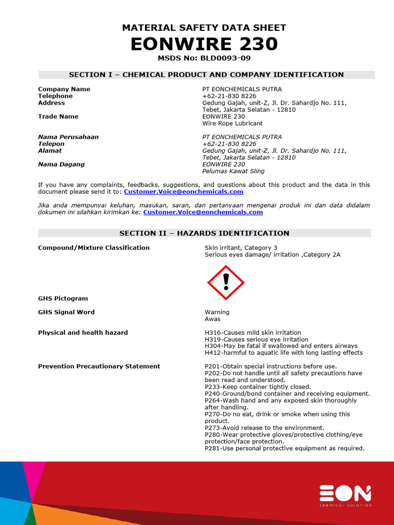 Eon Wire 230 - MSDS | PDF | Occupational Safety And Health | Physical Sciences