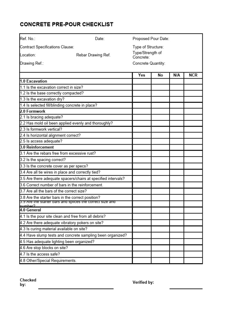 Pre Pouring Checklist | PDF