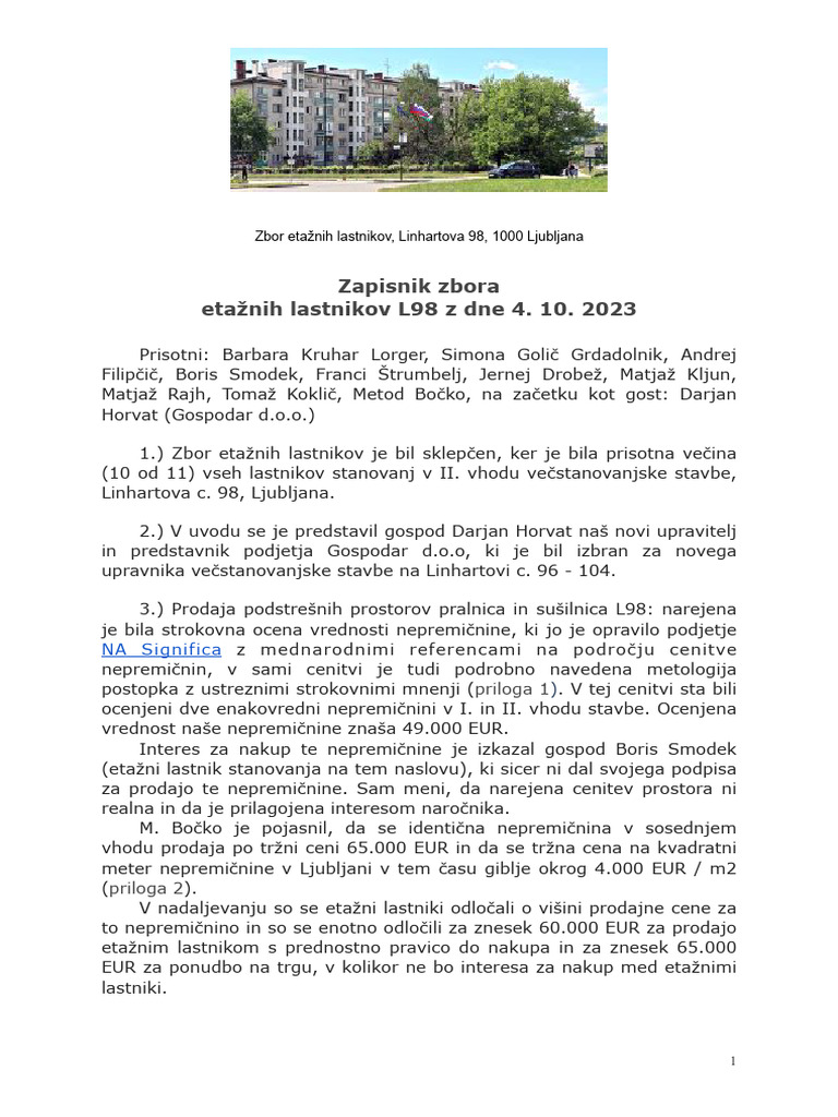 Zapisnik Zbora Etažnih Lastnikov L98 Z Dne 4. 10. 2023 | PDF