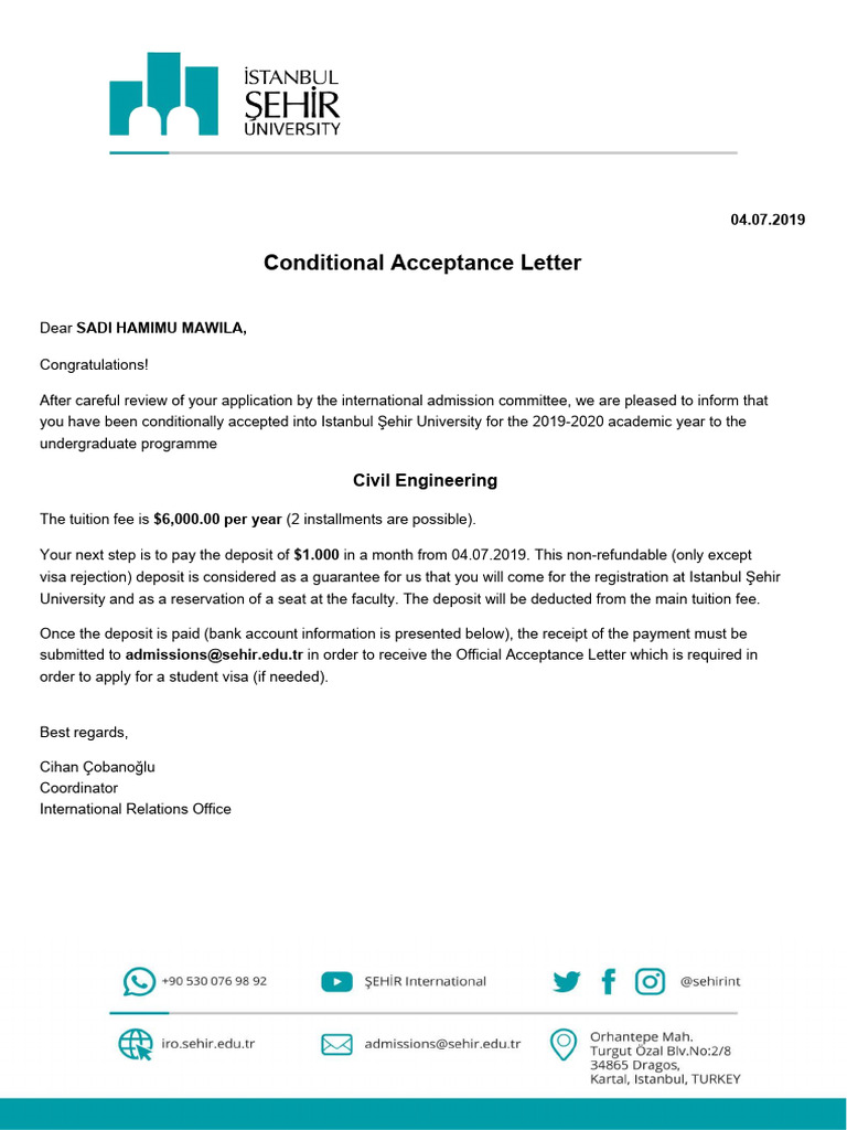 Conditional Acceptance Letter (Undergraduate) (SADI HAMIMU MAWILA) | PDF | Career & Growth ...