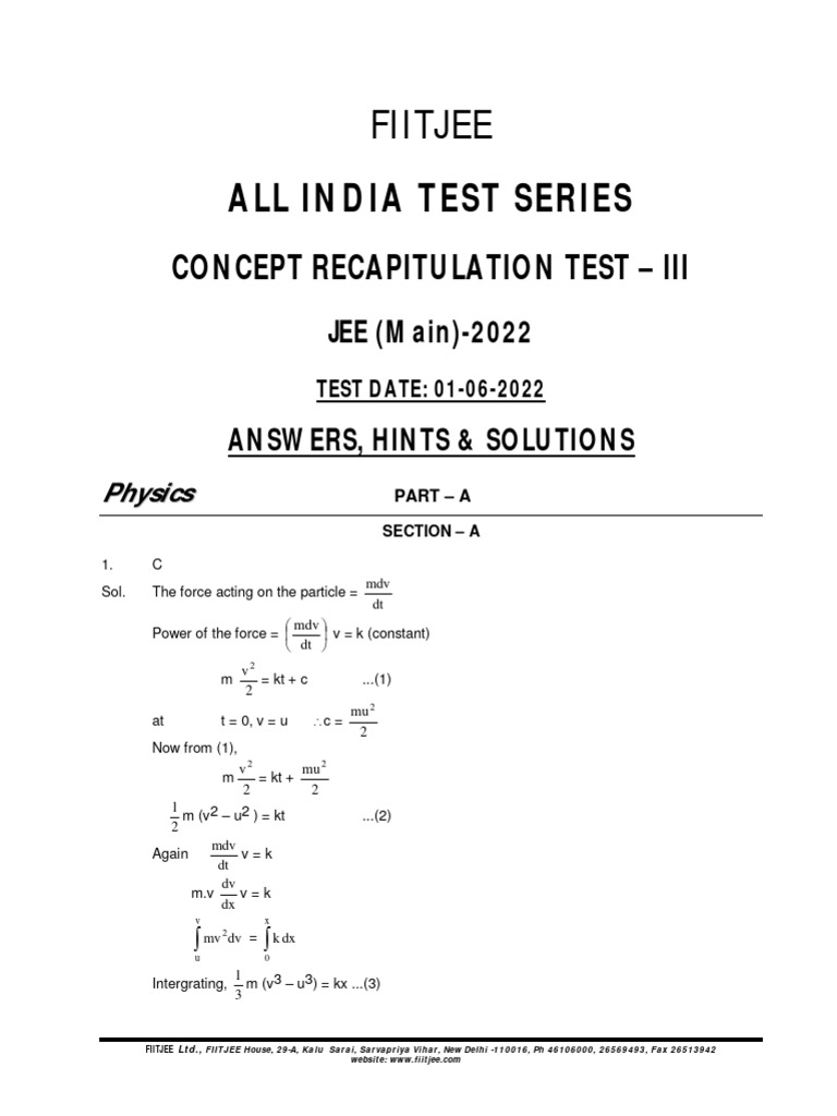 Aits Crt-3 Jee Main Solution | PDF | Physical Quantities | Applied And ...