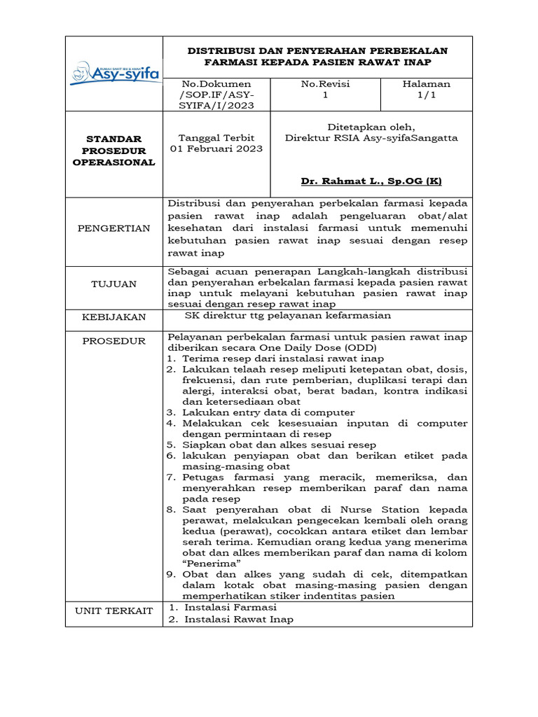 Sop Distribusi Dan Penyerahan Perbekalan Farmasi Kepada Pasien Rawat