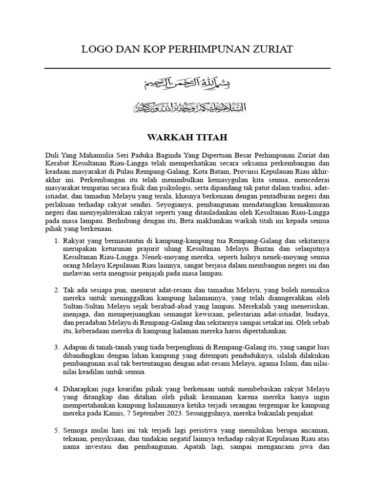 Warkah Titah Rempang-Galang | PDF