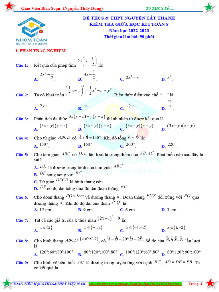 Gk1 Toan 8-22-23 Tn Tl Nguyen Tat Thanh d22 To3 Thcs Vn | PDF