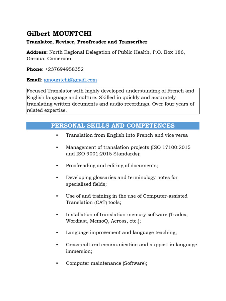 Curriculum Vitae Mountchi Gilbert | PDF | Translations | Computing