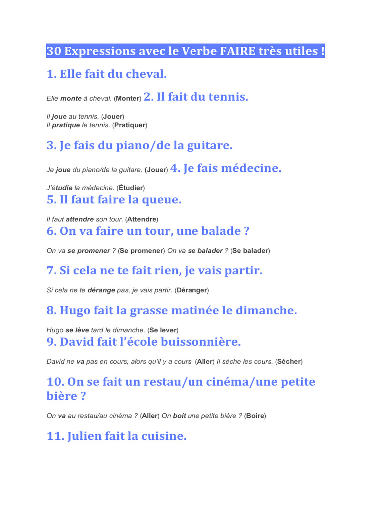 30 Expressions Avec Le Verbe FAIRE Très Utiles | PDF