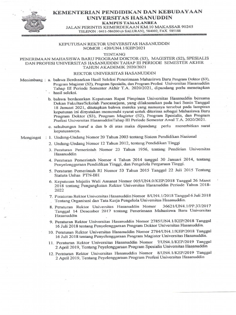 420 - SK. Rektor Penerimaan MPPDS Periode Januari 2021 | PDF