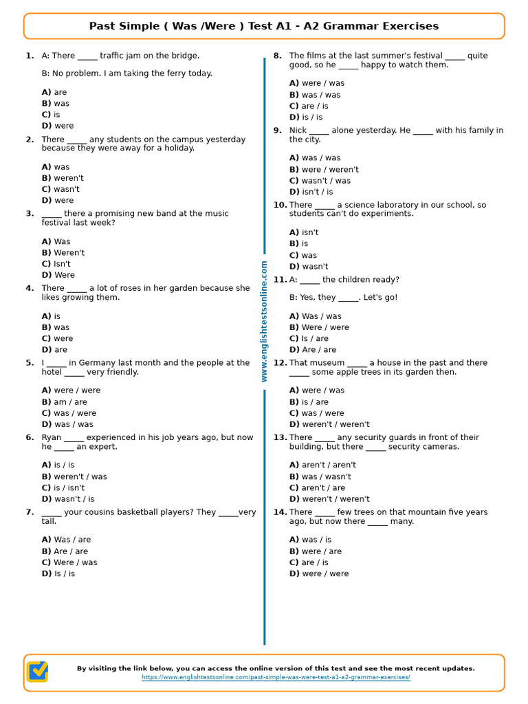 454 - Past Simple Was Were Test A1 A2 Grammar Exercises | PDF