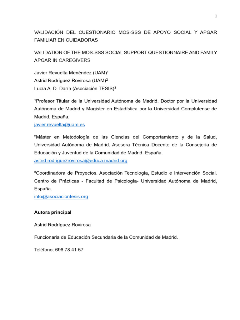 VALIDACIÓN DE LOS CUESTIONARIOS MOS-SSS Y APGAR FAMILIAR EN PERSONAS ...