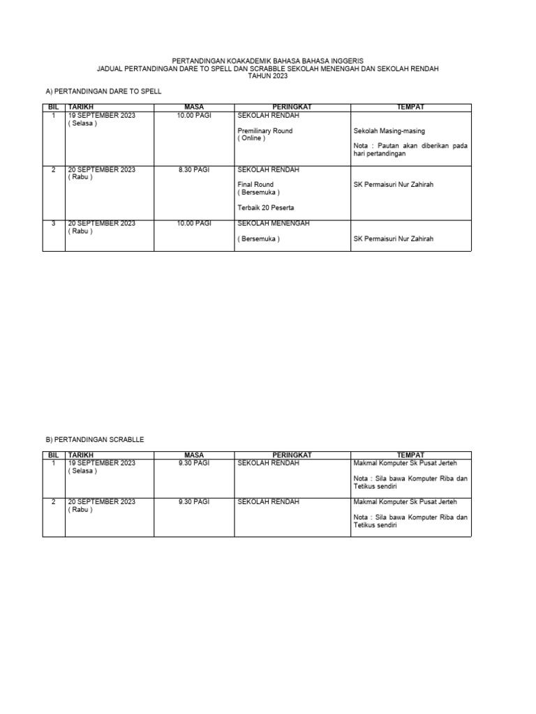 Jadual Pertandingan Koakademik DTS Dan Scrabble 2023 | PDF