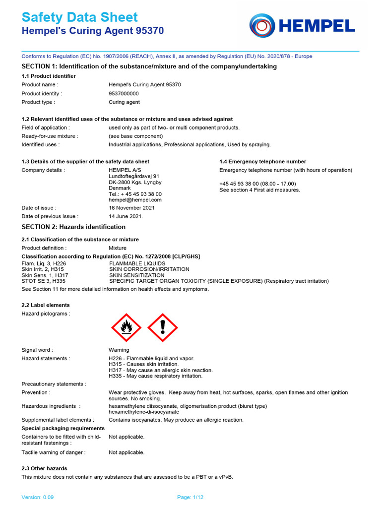 Hempel Curing Agent 95370 | PDF | Occupational Safety And Health ...