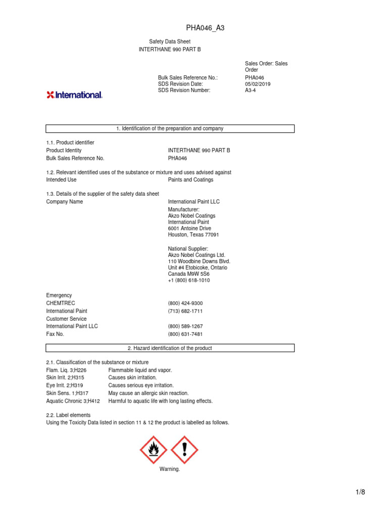 SDS-INTERTHANE 990 PART B | PDF | Toxicity | Dangerous Goods