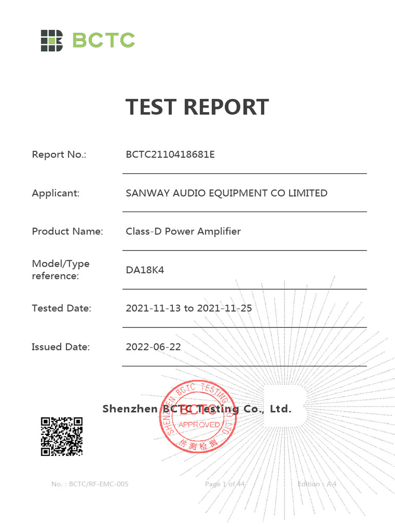 DA18K4 Class-D Power Amplifier CE-EMC Test Report | PDF | Electrostatic ...