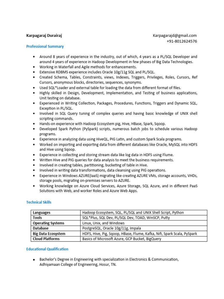 Karpagaraj Durairaj CV | Download Free PDF | Apache Spark | Sql