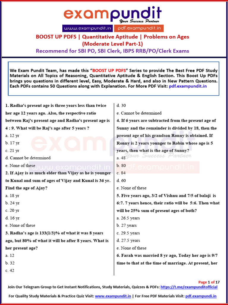 Exampundit - in Moderate Problems-On-Ages-Moderate-Part-1 - Boost-Up-Pdfs | PDF