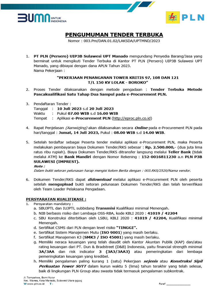 Tender Terbuka Penanganan Tower PLN 2023 | PDF | Pengelolaan Keuangan ...