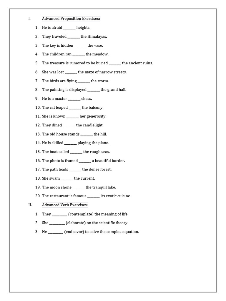Advanced Preposition Exercises | PDF