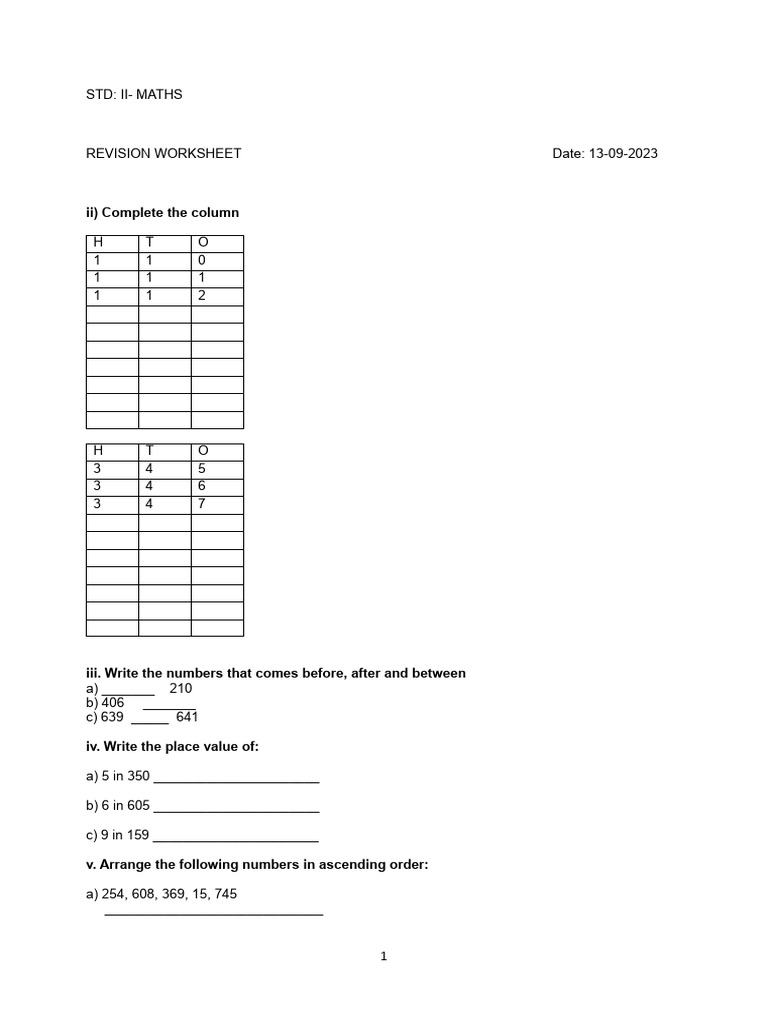 STD II Maths Revision Worksheet | PDF | Teaching Methods & Materials