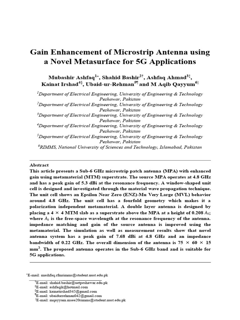 Gain Enhancement of Microstrip Antenna Using A Novel Metasurface For 5G Applications (29!9!21 ...